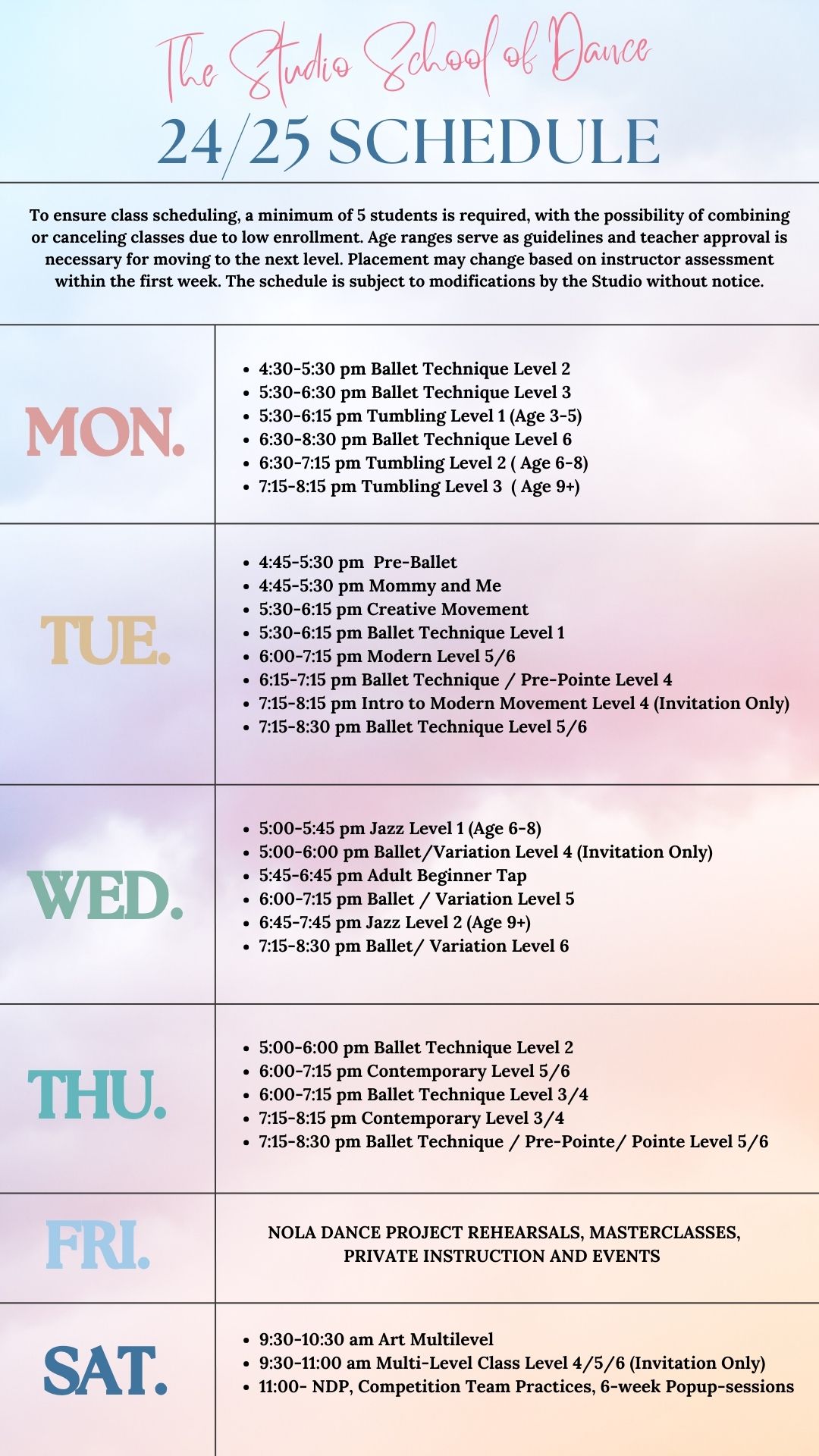 2024-2025 Class Schedule & School Calendar – The Studio School of Dance